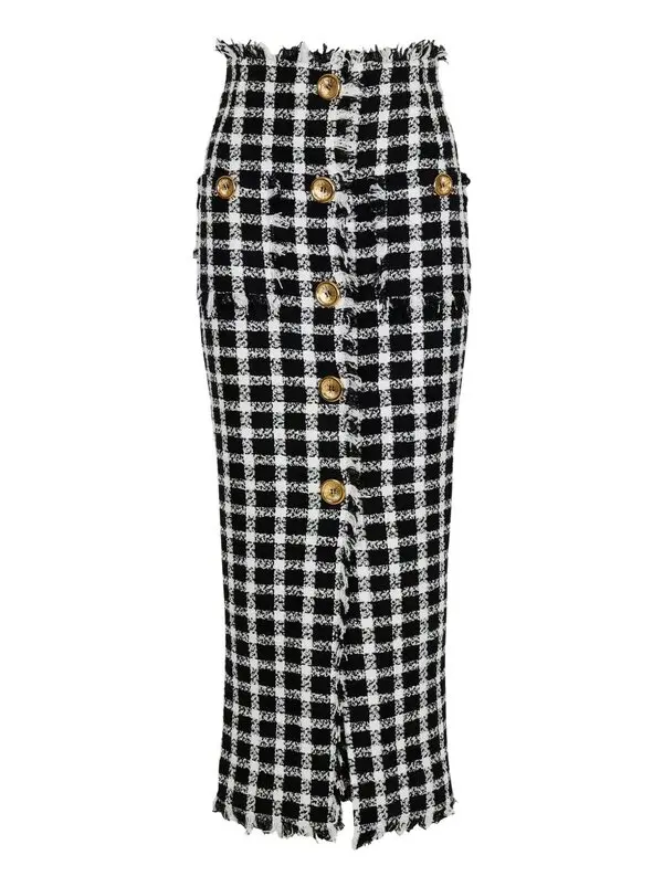 Balmain Gingham Tweed Long Skirt - Black