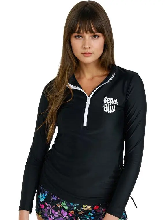CALYPSA Half-zip Nora Swim Top - Beach Bliss - Black