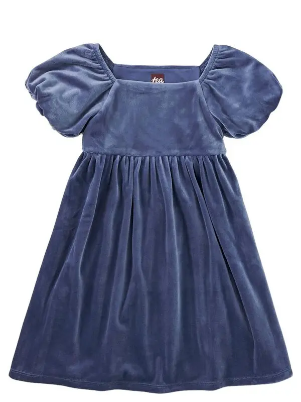 TEA COLLECTION Puff Shoulder Velour Dress - Naval Blue