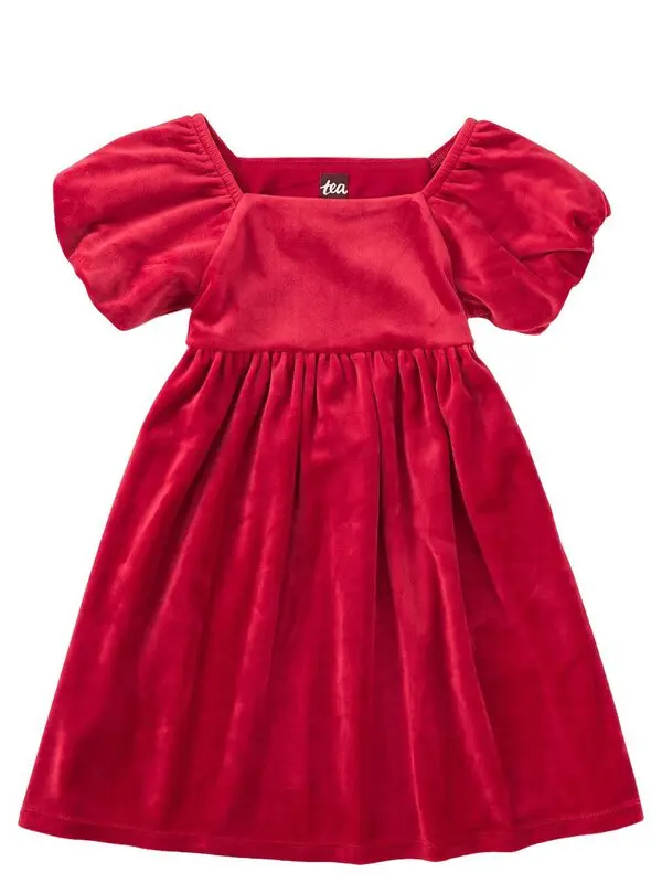 TEA COLLECTION Puff Shoulder Velour Dress - Red Wagon