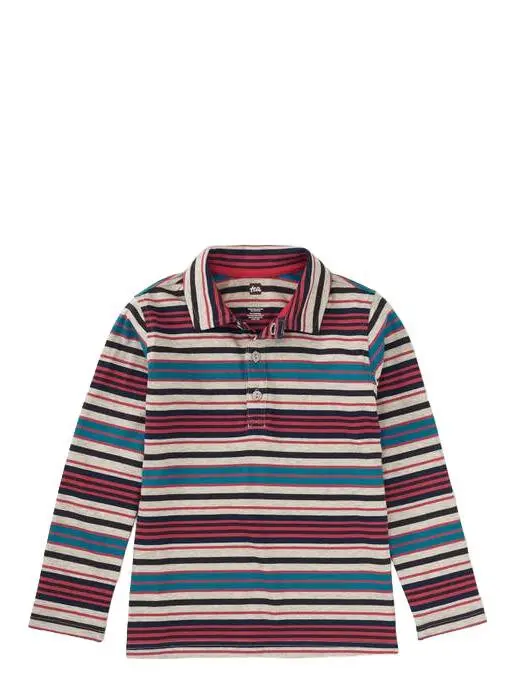 TEA COLLECTION Long Sleeve Striped Polo - Med Heather Grey