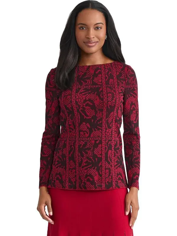 Misook Jacquard Pattern Knit Tunic - Scarlet Red/black