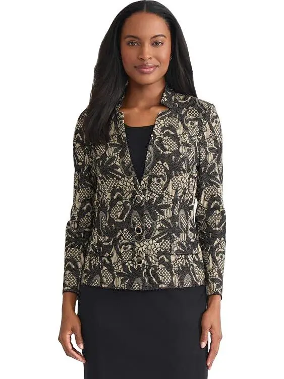 Misook Tailored Floral Lurex Knit Jacket - Black/biscotti/gold