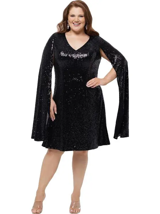 SYDNEY'S CLOSET Sequin Cape Sleeve Party Dress - Onyx