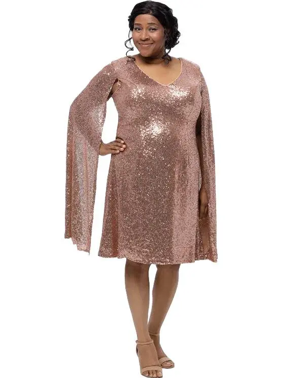SYDNEY'S CLOSET Sequin Cape Sleeve Party Dress - Rose Gold
