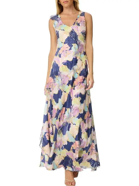 Komarov Ruffle Chiffon And Charmeuse Long Dress - Spring Lily