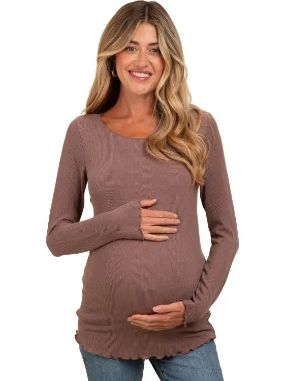 PINKBLUSH Ribbed Knit Long Sleeve Top - Brown
