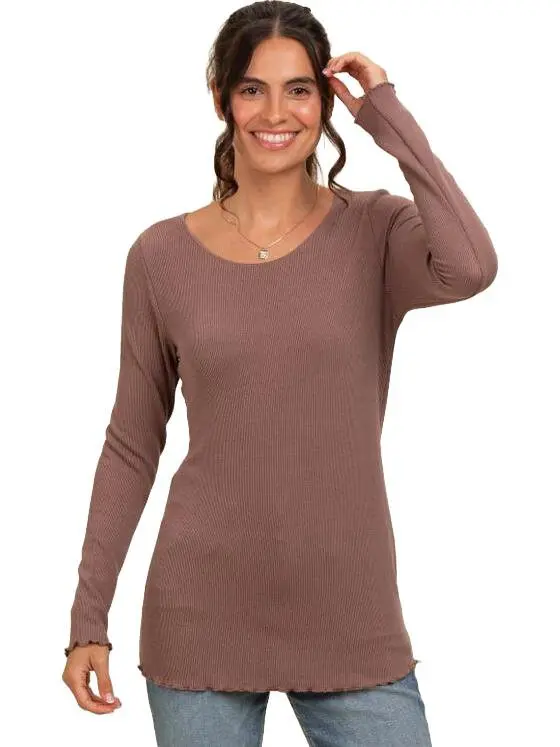 PINKBLUSH Ribbed Knit Long Sleeve Top - Brown
