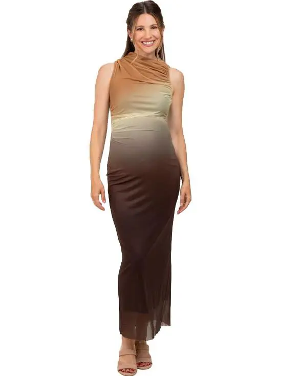 PINKBLUSH Ombre Mesh Ruched Sleeveless Midi Dress - Brown