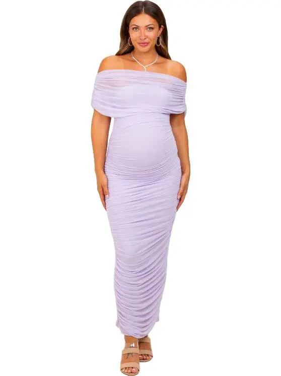 PINKBLUSH Ruched Mesh Foldover Off Shoulder Maxi Dress - Lavender