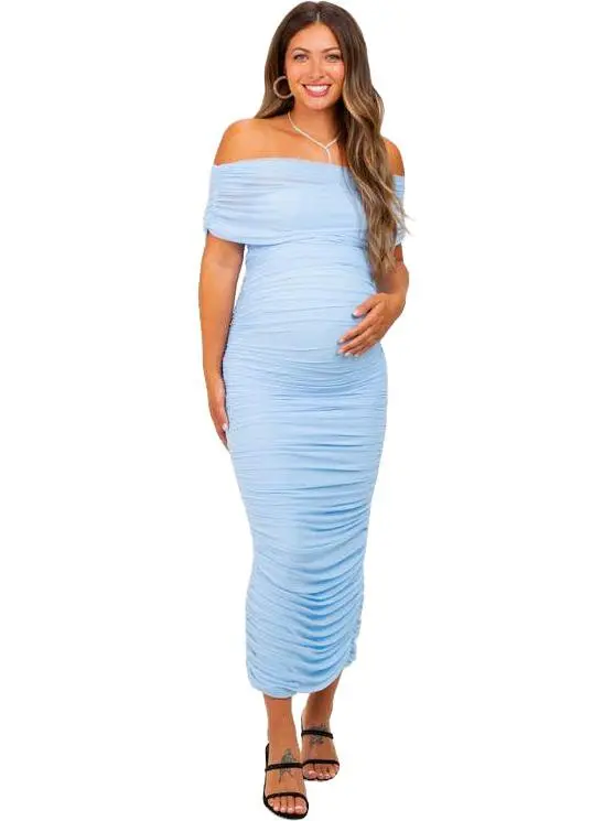 PINKBLUSH Ruched Mesh Foldover Off Shoulder Maxi Dress - Light Blue