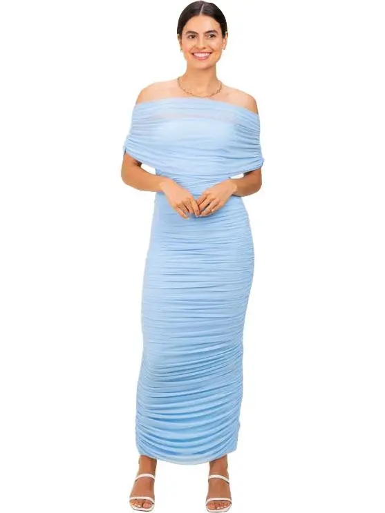 PINKBLUSH Ruched Mesh Foldover Off Shoulder Maxi Dress - Light Blue