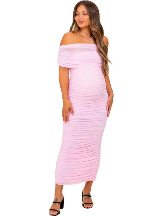 PINKBLUSH Ruched Mesh Foldover Off Shoulder Maxi Dress - Light Pink