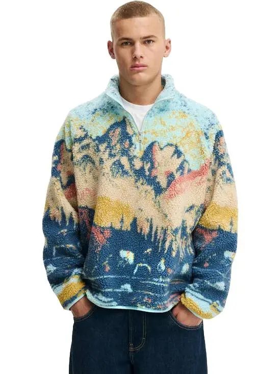 COTTON ON Quarter Zip Teddy Fleece - Blue Multi Mountains