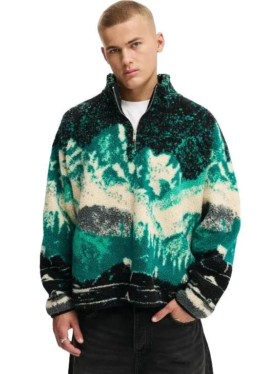 COTTON ON Quarter Zip Teddy Fleece - Green Multi Mountains