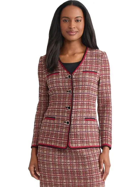 Misook Tailored Plaid Knit Jacket - Scarlet Red/truffle