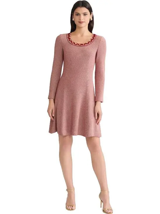 Misook A-line Lurex Knit Dress With Crochet Ring Trim - Scarlet Red/gold