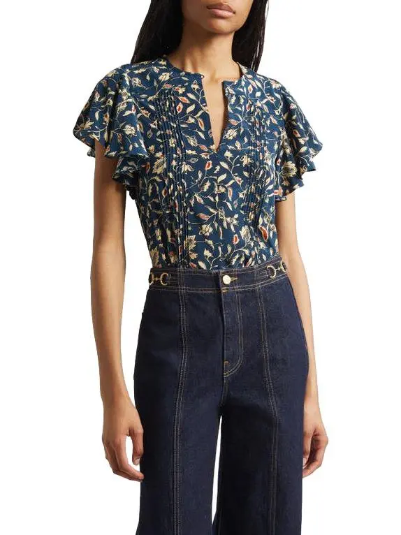 Ulla Johnson Adoni Floral Silk Split Neck Top - Midnight Garden