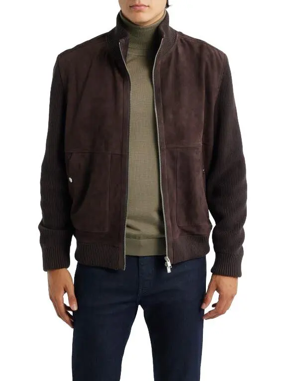 BOSS Maparo Goatskin Suede & Cotton Blend Knit Jacket - Dark Brown