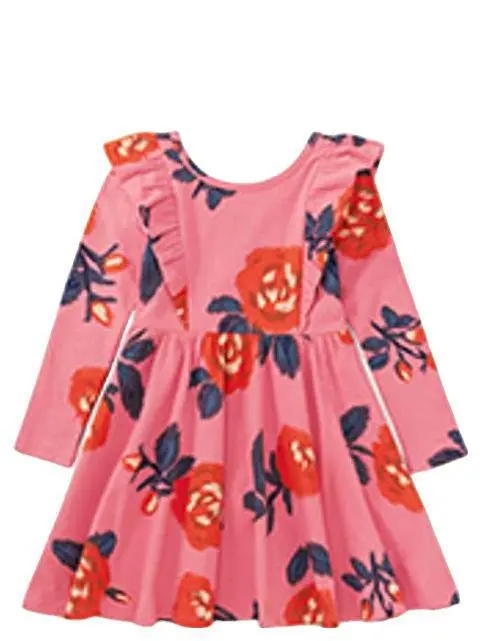 TEA COLLECTION Printed Ballet Dress With Ruffle Shoulder - Turkish Rose