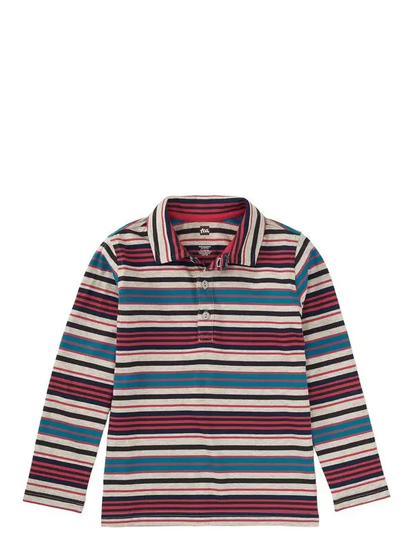 TEA COLLECTION Long Sleeve Striped Polo - Med Heather Grey