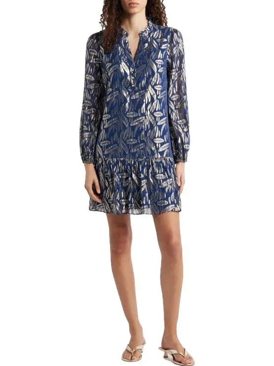 Lilly Pulitzer® Evaline Long Sleeve Silk Blend Drop Waist Dress - Navy Leafy Babe