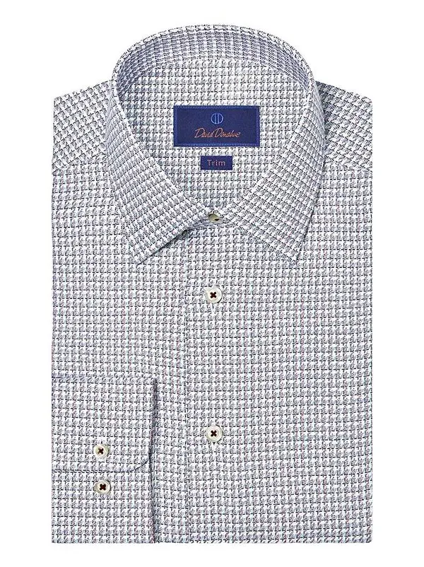 David Donahue Trim Fit Twill Check Dress Shirt - Blue/ Merlot
