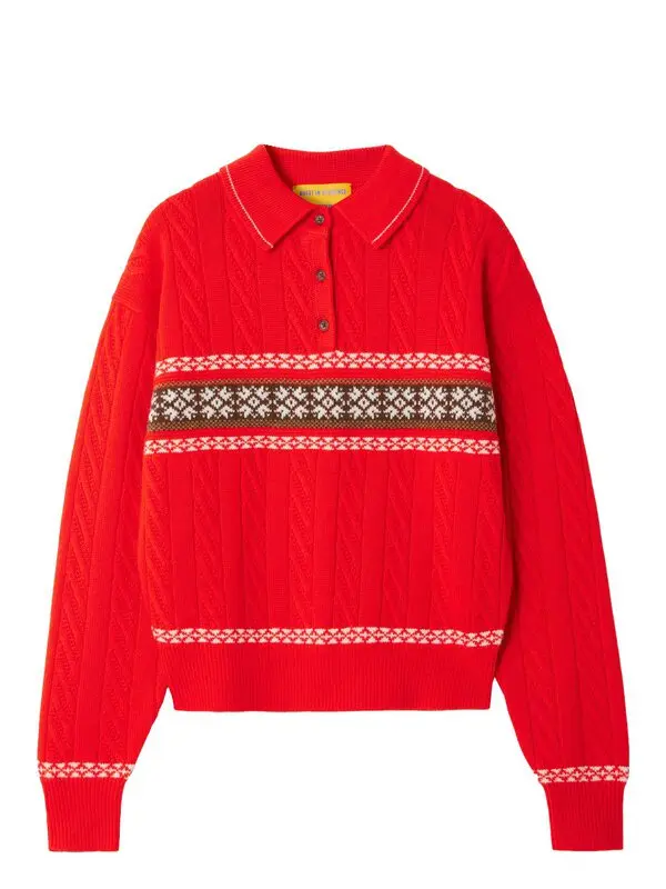 Guest In Residence Cable Collegiate Fair Isle Wool-cashmere Polo Sweater - Red