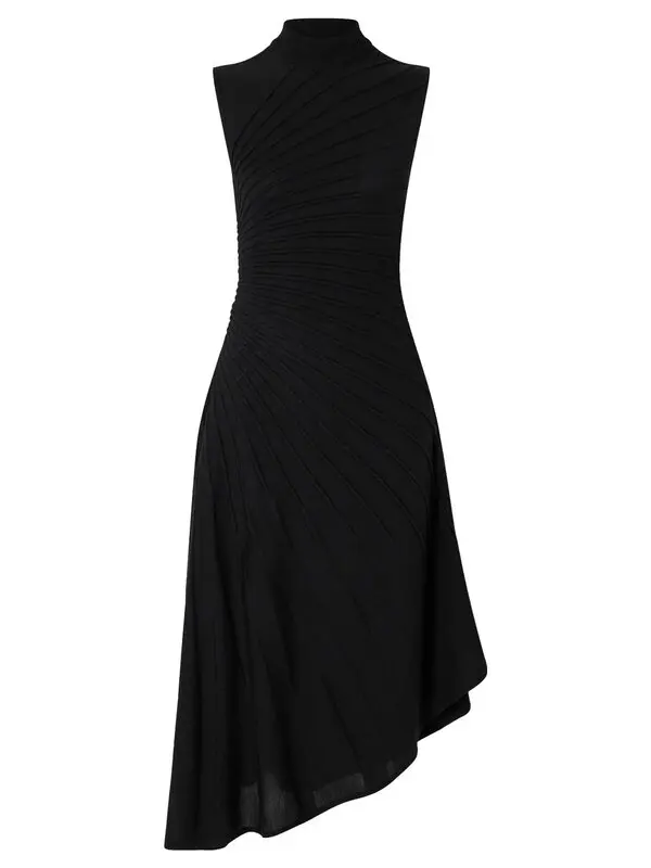 Alaïa Asymmetric Ribbed Wool Turtleneck Midi Dress - Black