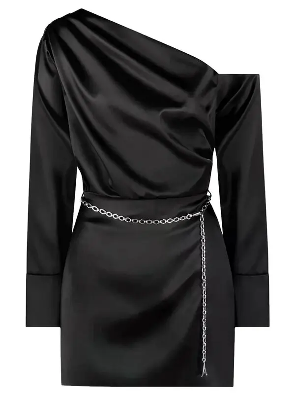 Manière De Voir One-shoulder Satin Mini Dress With Chain Belt - Black