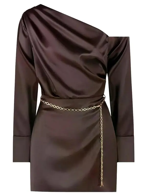 Manière De Voir One-shoulder Draped Satin Mini Dress With Chain Belt - Brown