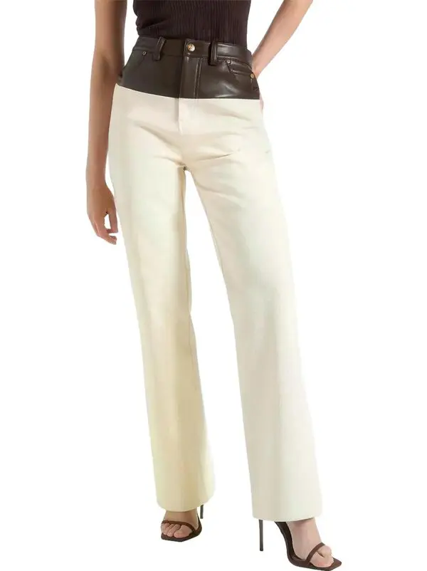 Manière De Voir Maniere De Voir Leather & Denim Contrasting Straight Leg Jeans - Neutrals
