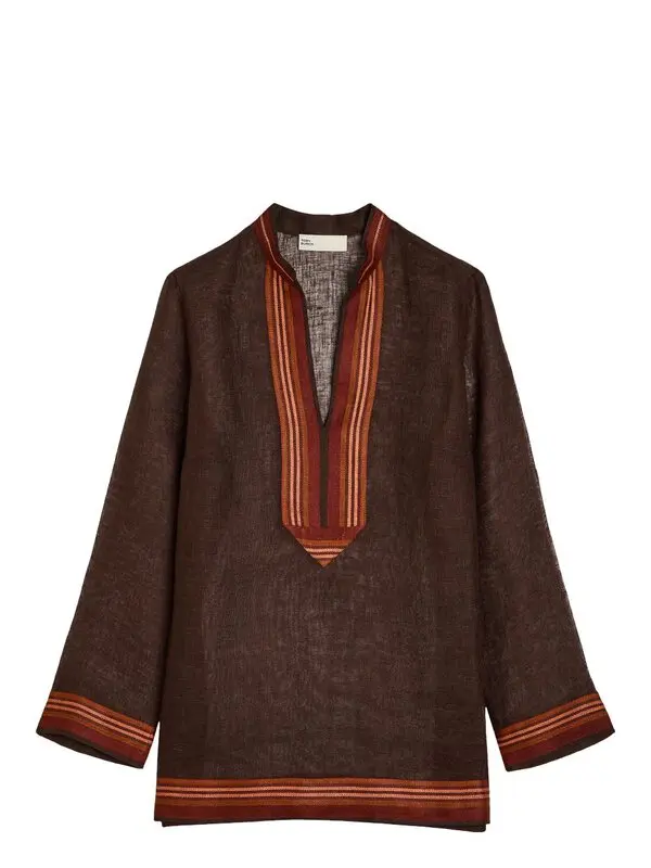 Tory Burch Stripe-trimmed Semi-sheer Tunic - Dark Brown