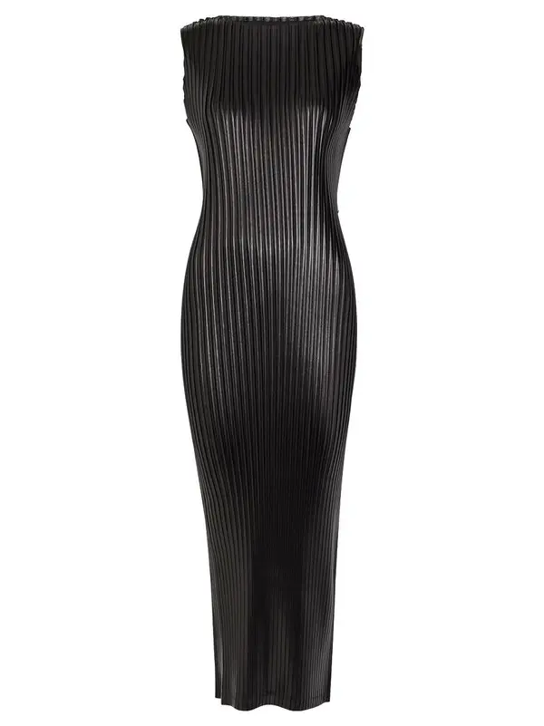Issey Miyake Pleated Coated Satin Midi Dress - Black