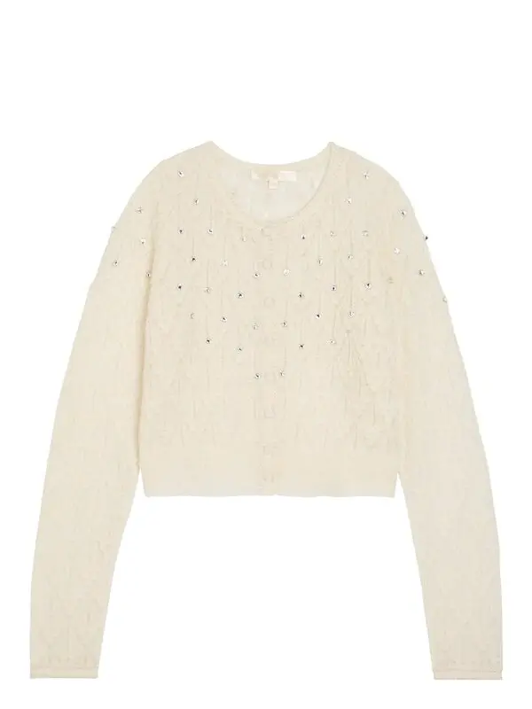 LoveShackFancy Calico Embellished Pointelle-knit Cropped Cardigan - Ivory