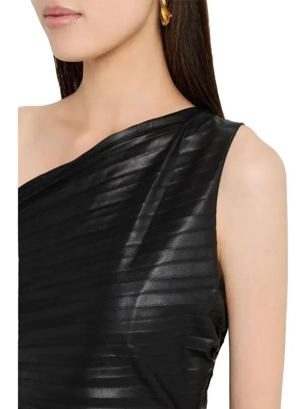 One33 Social Asymmetric Pleated Faux Leather Midi Dress - Black