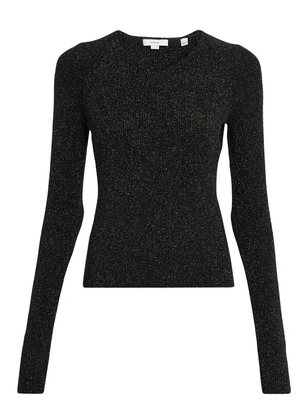 Vince Metallic Ribbed V-neck Sweater - Black Meta