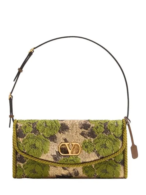 Valentino Garavani Devain Small Shoulder Bag In Jacquard Lurex Fabric - Gold/green