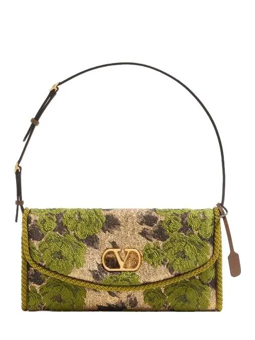 Valentino Garavani Devain Small Shoulder Bag In Jacquard Lurex Fabric - Gold/green