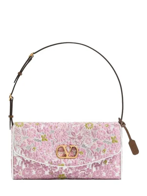 Valentino Garavani Devain Small Shoulder Bag In Jacquard Lurex Fabric - Silver/pink