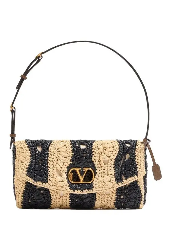 Valentino Garavani Devain Small Shoulder Bag In Raffia With Wave Pattern - Natural/black