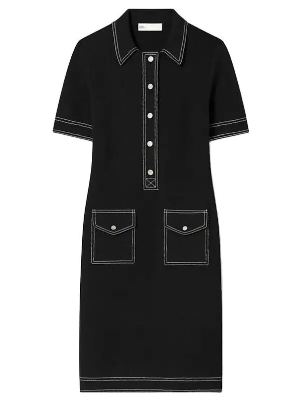 Tory Burch Topstitch Wool Camp Dress - Black