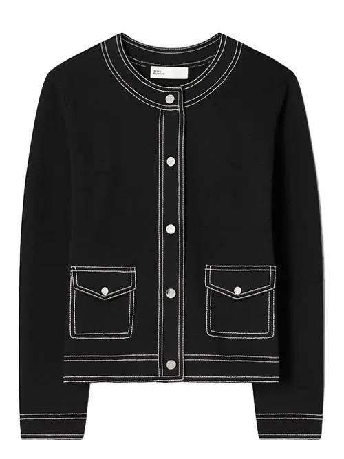 Tory Burch Topstitch Wool Cardigan - Black