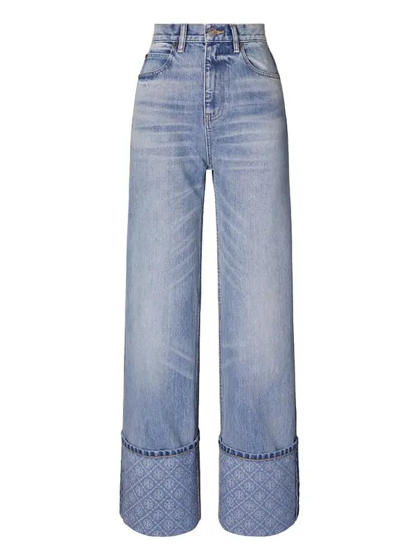 Tory Burch T Monogram Cuff Jeans - Light Vintage Wash