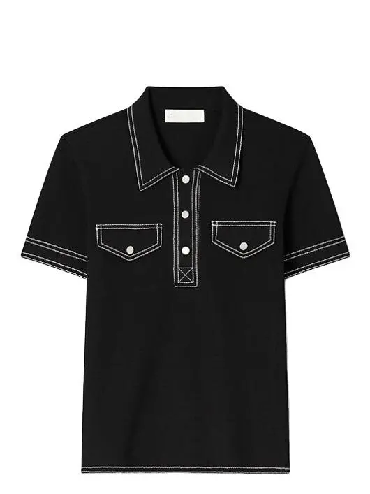 Tory Burch Topstitch Wool Polo - Black