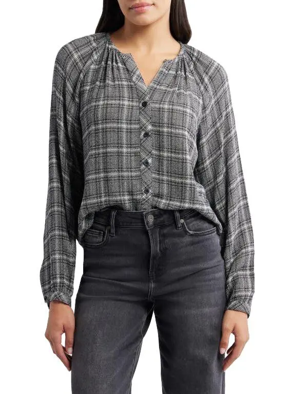 CLOTH & STONE Plaid Raglan Sleeve Shirt - Black/winter Grey Plaid