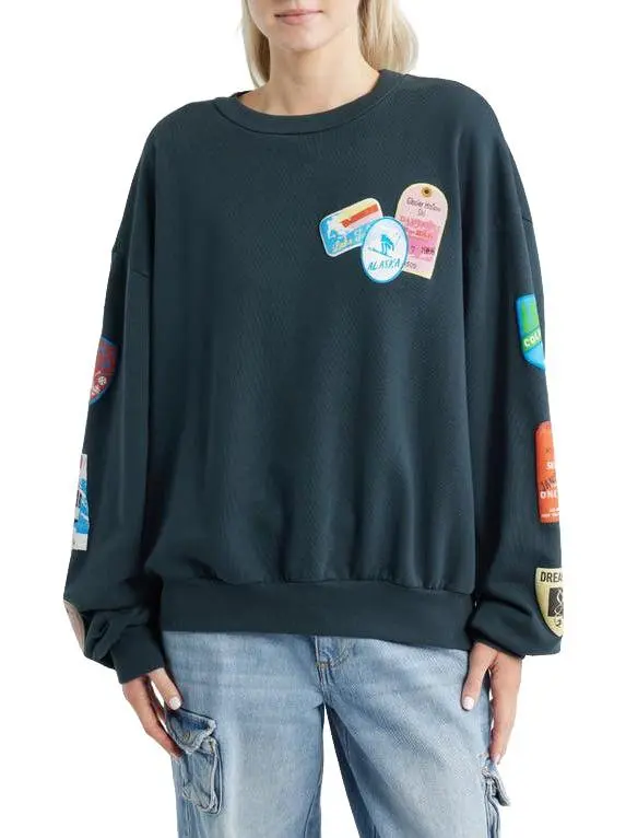 Daydreamer Oversized Cotton Sweatshirt With Patch Graphics - Washed Black