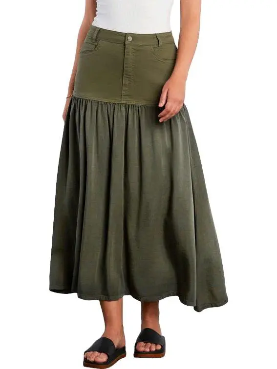 WASH LAB DENIM Flowy Hem Maxi Skirt - Deep Lichen Green