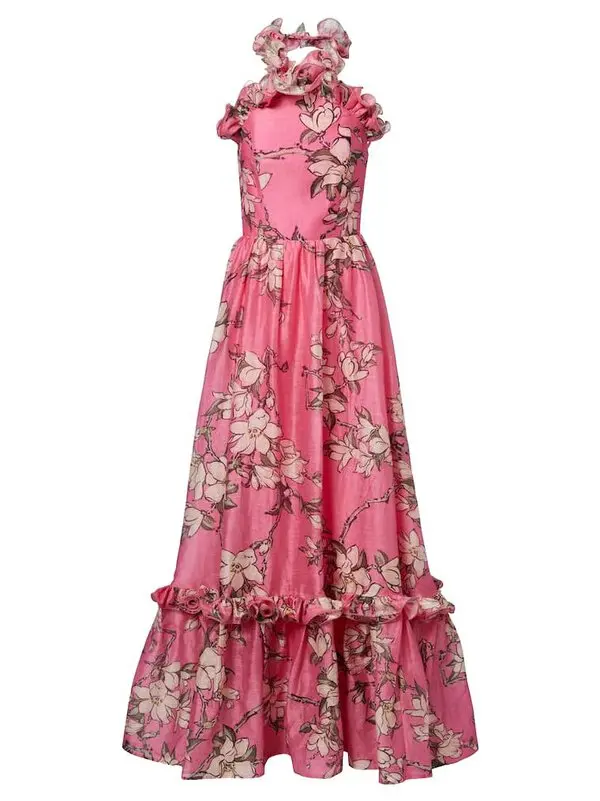 LEO LIN Isabelle Floral Ruffled Linen-blend Gown - Pink