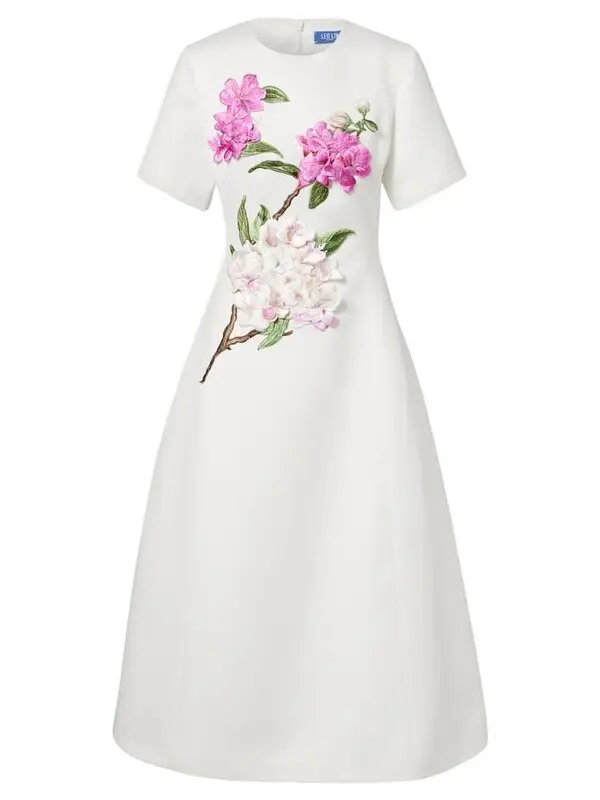 LEO LIN Floral-appliqué Midi Dress - White